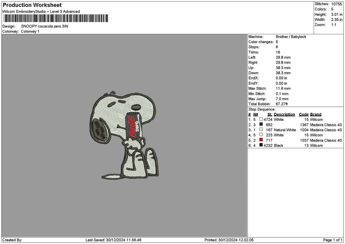 Snoopy Cola Zero Embroidery File 6 sizes – embrostudio