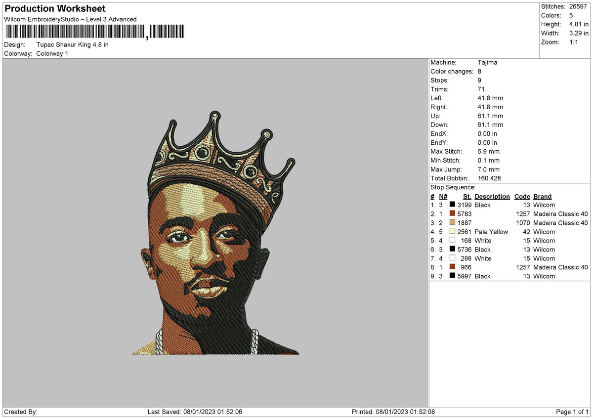 Tupac King Embroidery File 6 sizes – embrostudio
