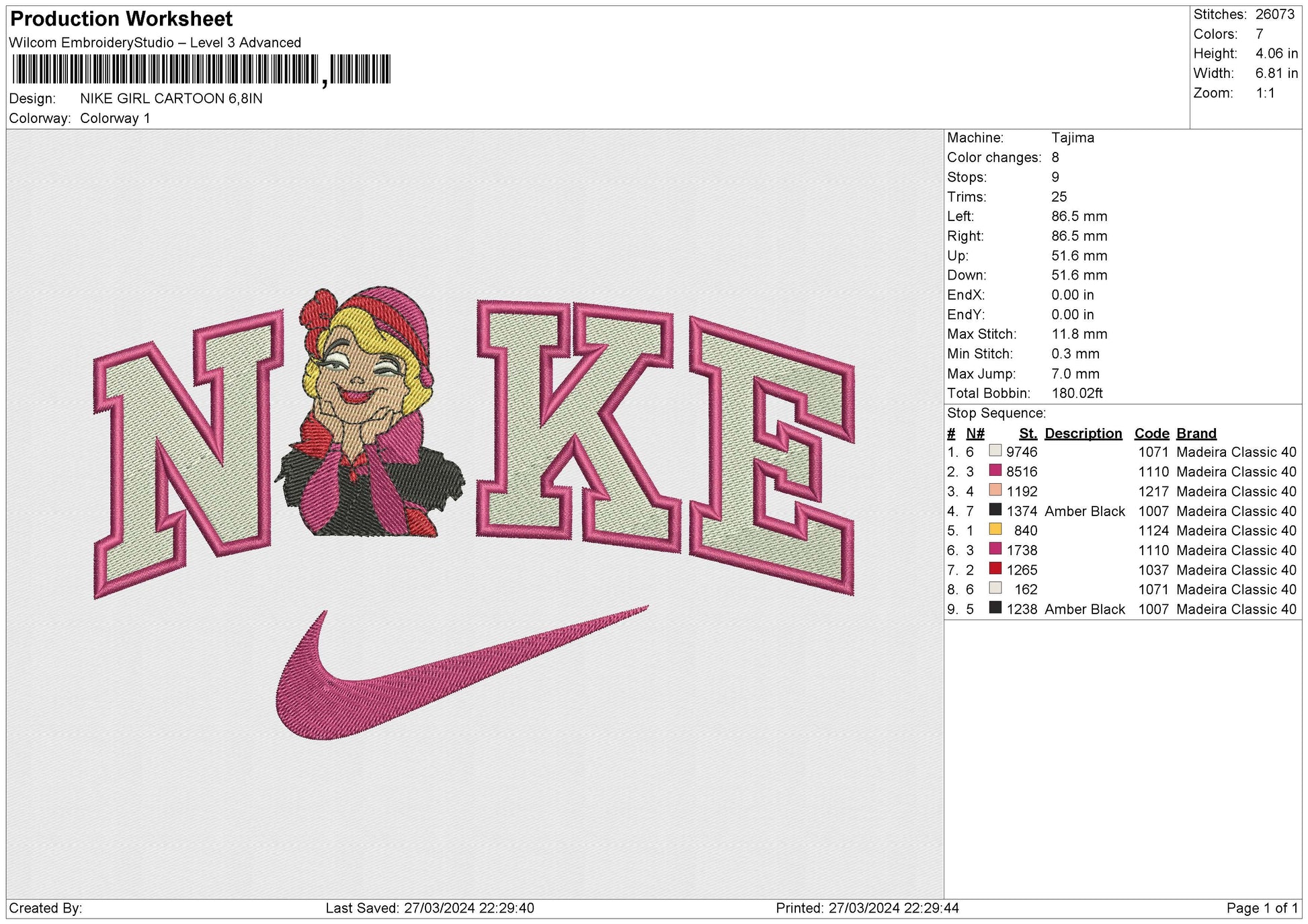 NIKE GIRL CARTOON Embroidery File 6 sizes – embrostudio