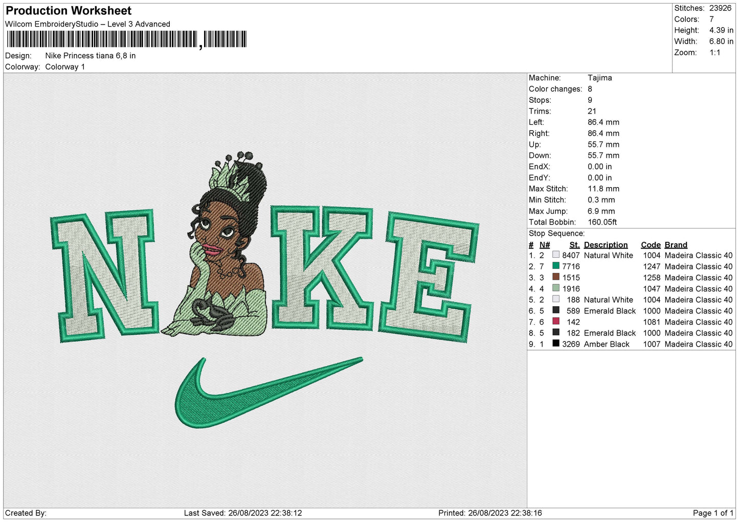 Nike Princess Tiana Embroidery File 6 size – embrostudio