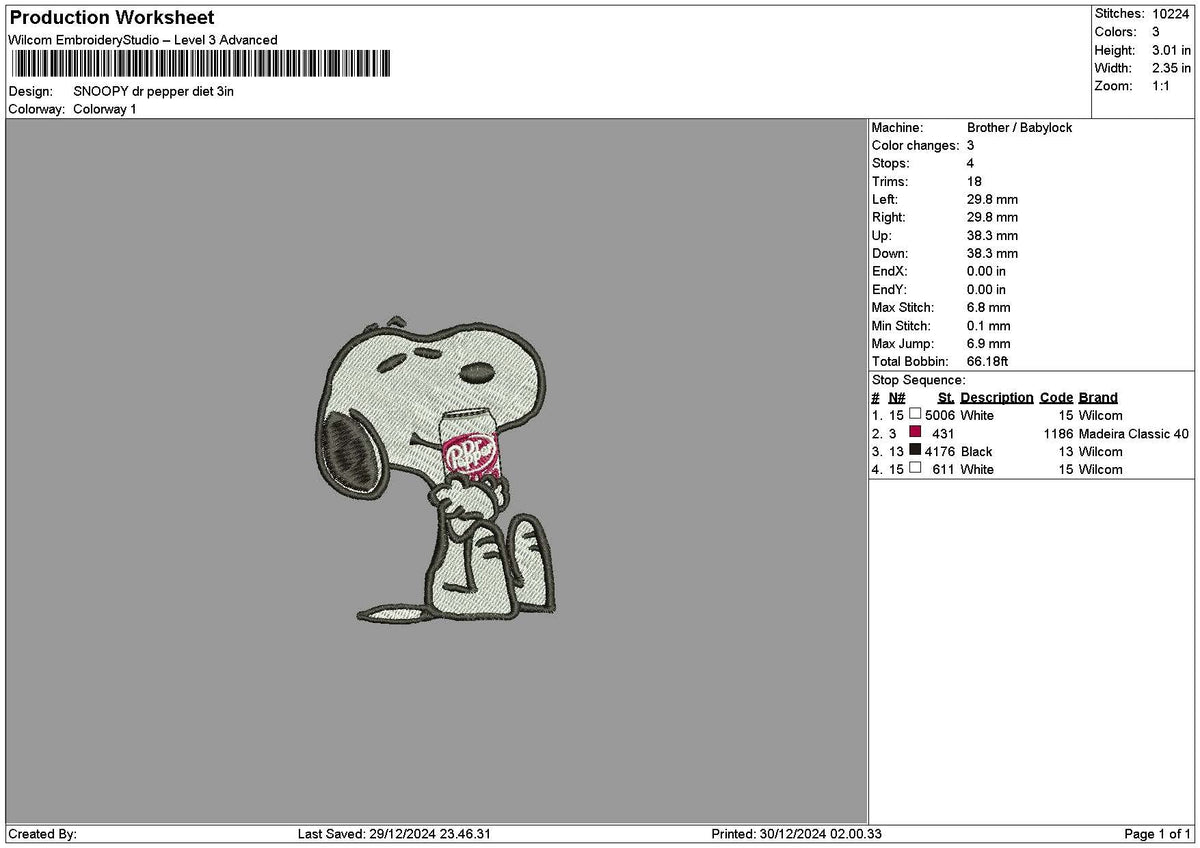 Snoopy Drpapper 03 Embroidery File 6 sizes – embrostudio