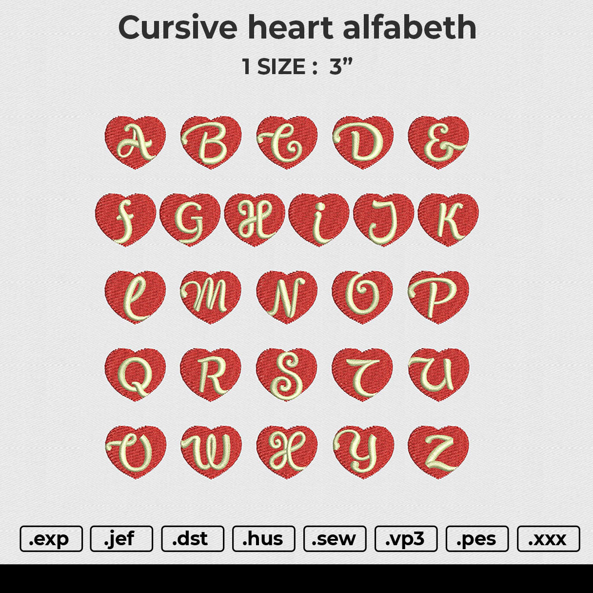Cursive heart alfabeth A-Z Embroidery File 6 sizes – embrostudio