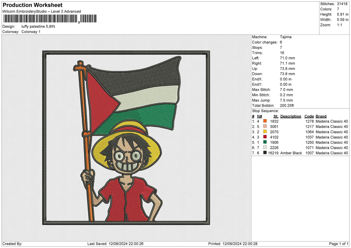 Luffy Palestine Embroidery File 6 size – embrostudio
