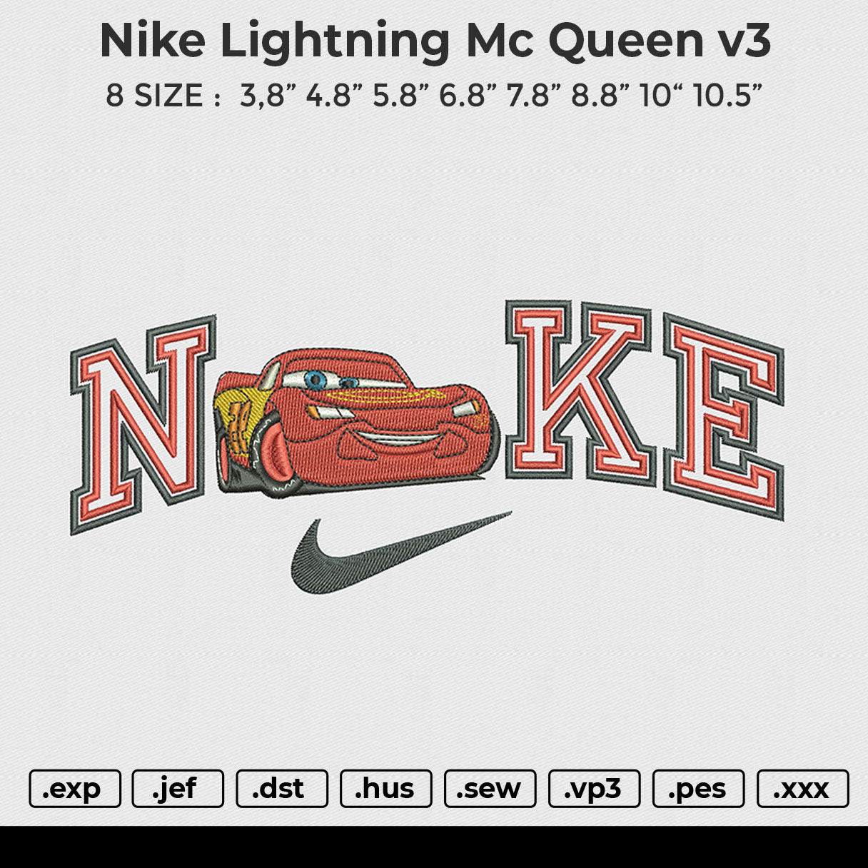 Nike lightning mc queen v3 Embroidery File 6 size – embrostudio