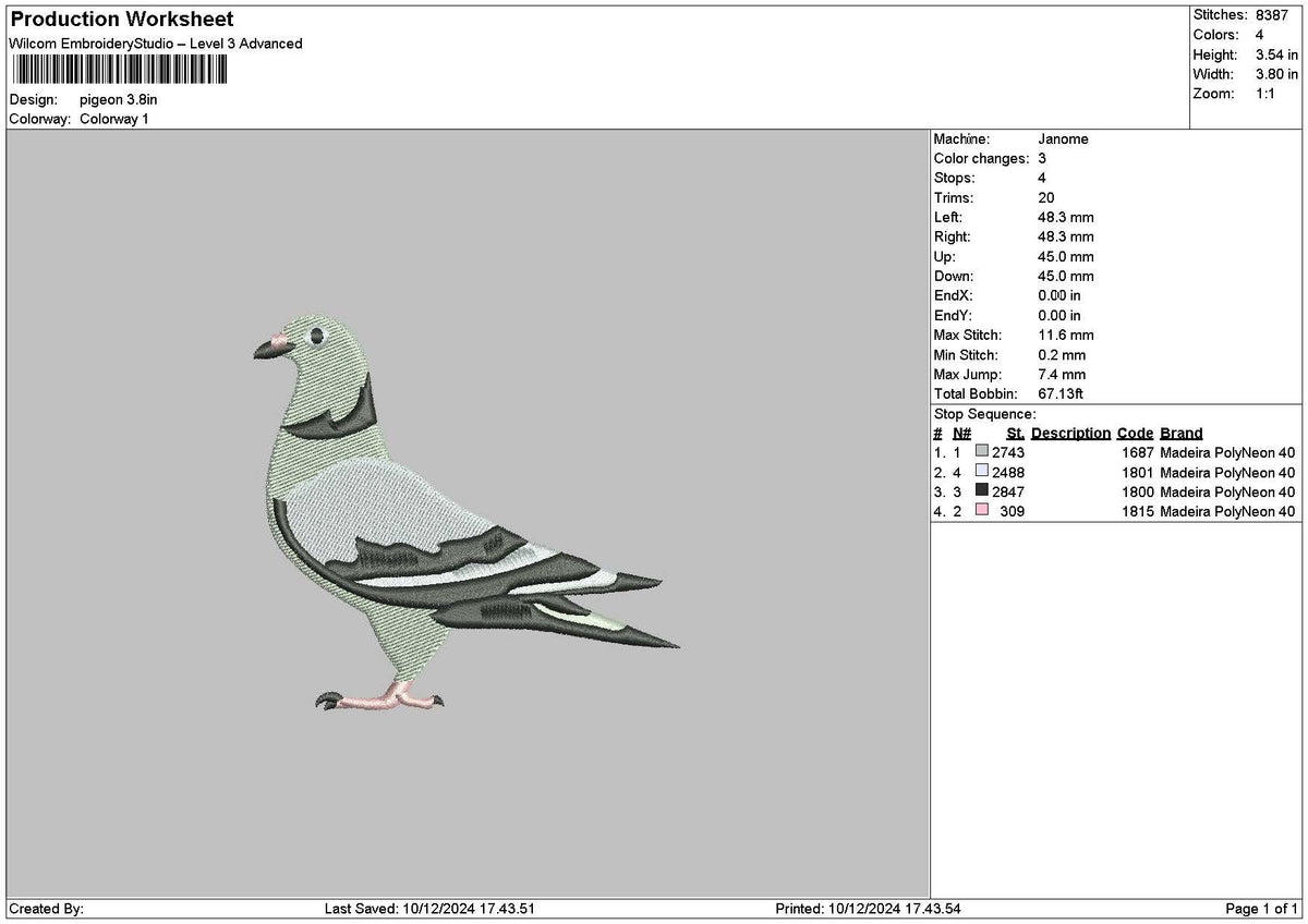 Pigeon 01 Embroidery File 6 sizes – embrostudio