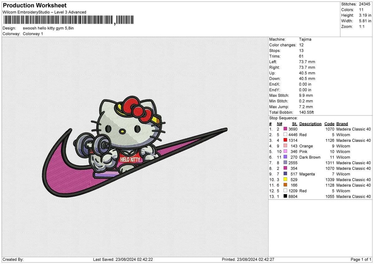 Swoosh Hello kitty Gym Embroidery File 6 size – embrostudio