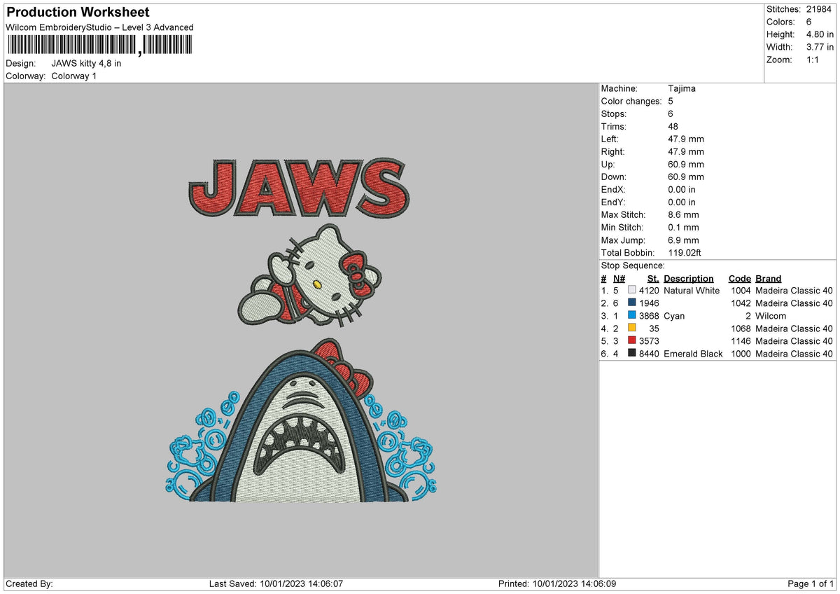 Jaws Kitty Embroidery File 6 sizes – embrostudio