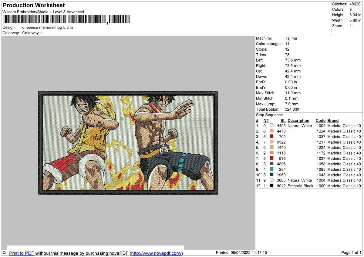 One Piece Memorail Log Embroidery – embrostudio