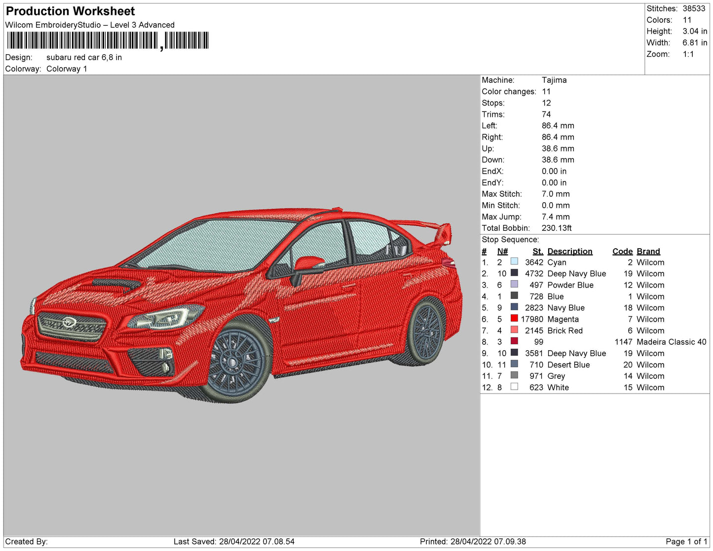 Subaru Red Car Embroidery – embrostudio