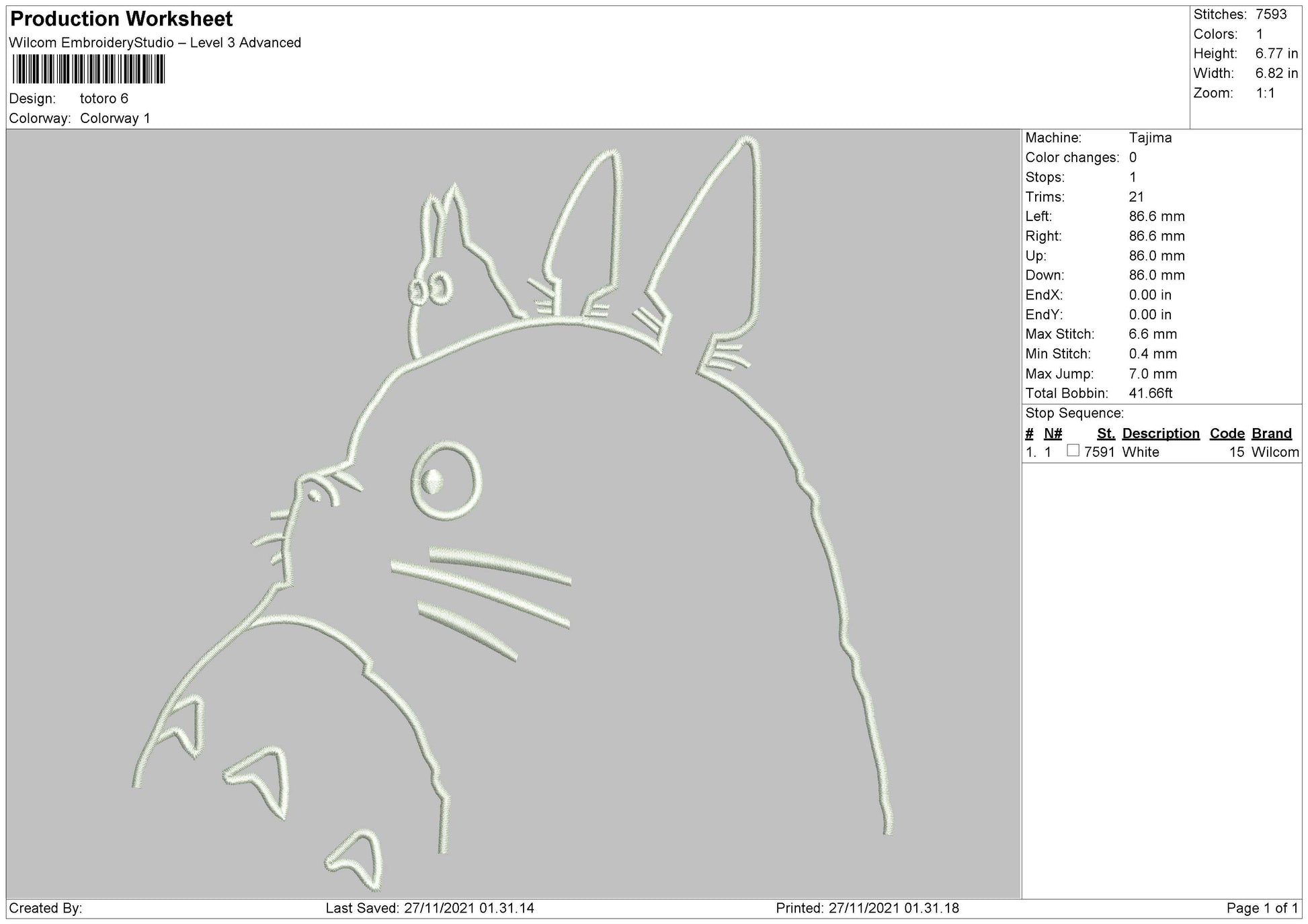 Totoro outline Embroidery – embrostudio