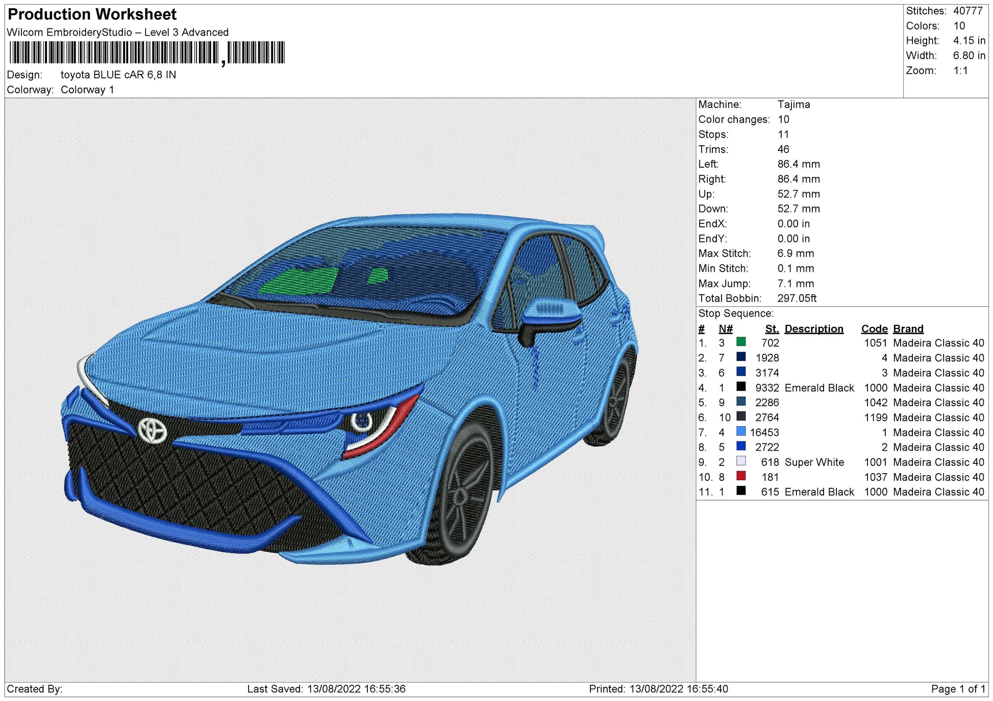 Toyota BLUE car Embroidery – embrostudio