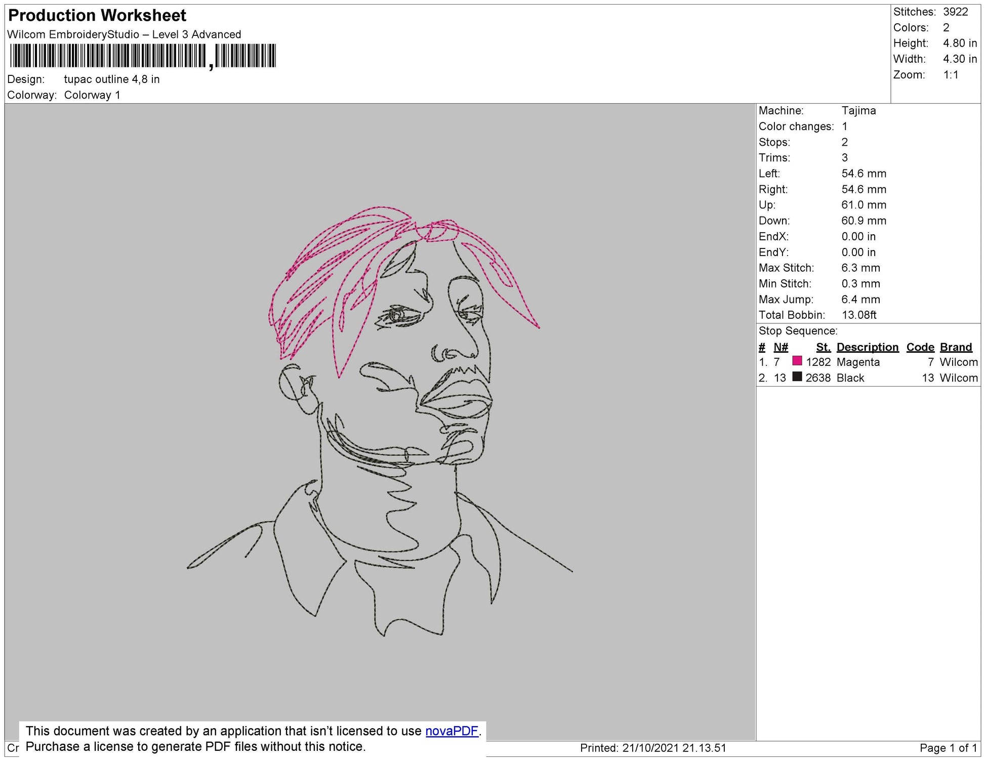 Tupac outline Embroidery – embrostudio
